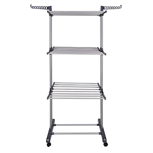 Aquaterior Folding 3 Tier Clothes Drying Rack Rolling Collapsible Garment Laundry Dryer Hanger Stand Rail Indoor Dark Grey