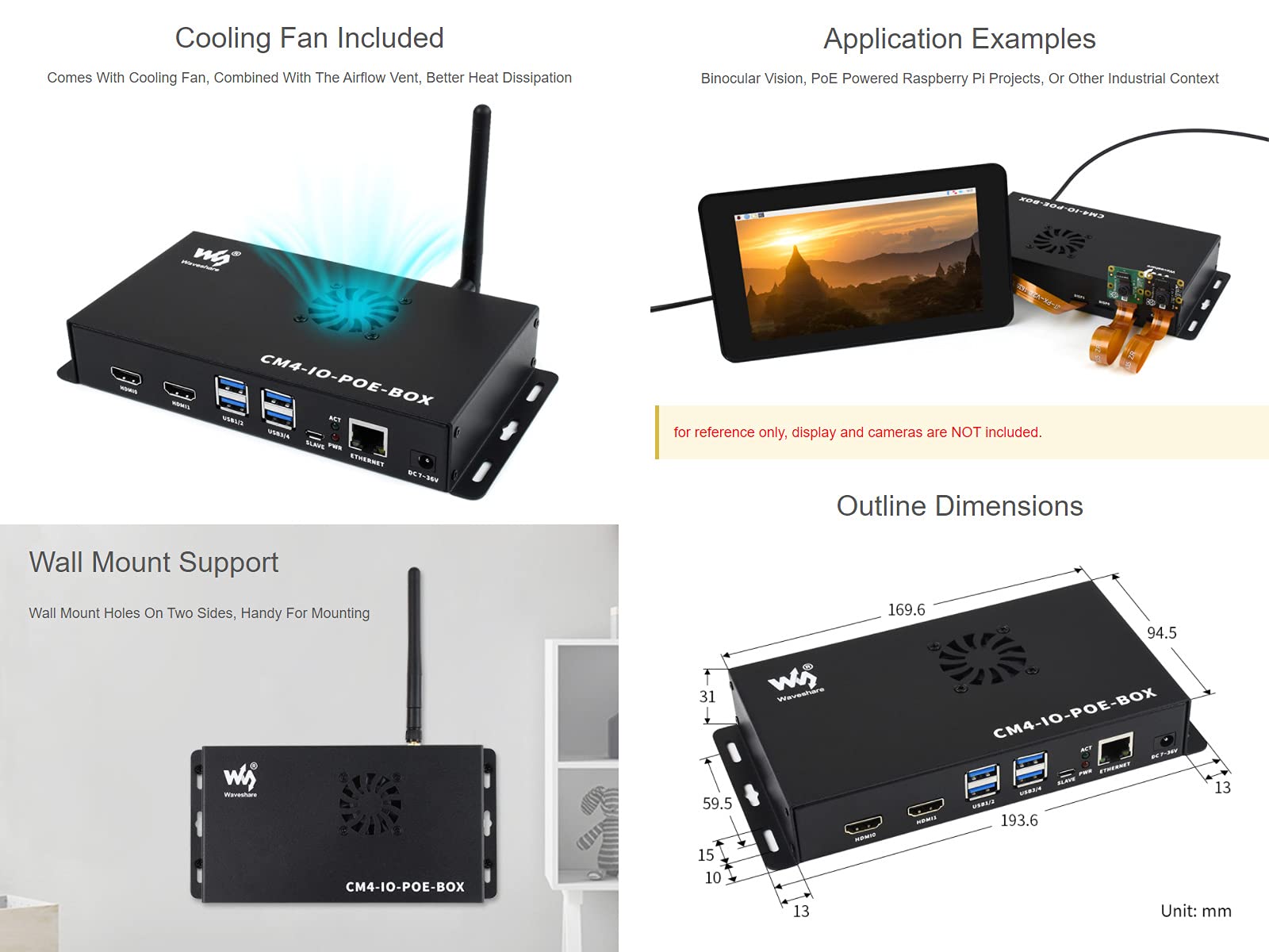 Waveshare PoE Mini-Computer Based On Raspberry Pi Compute Module 4 (NOT Included) Waveshare CM4 PoE IO Board Inside Metal Case with Cooling Fan