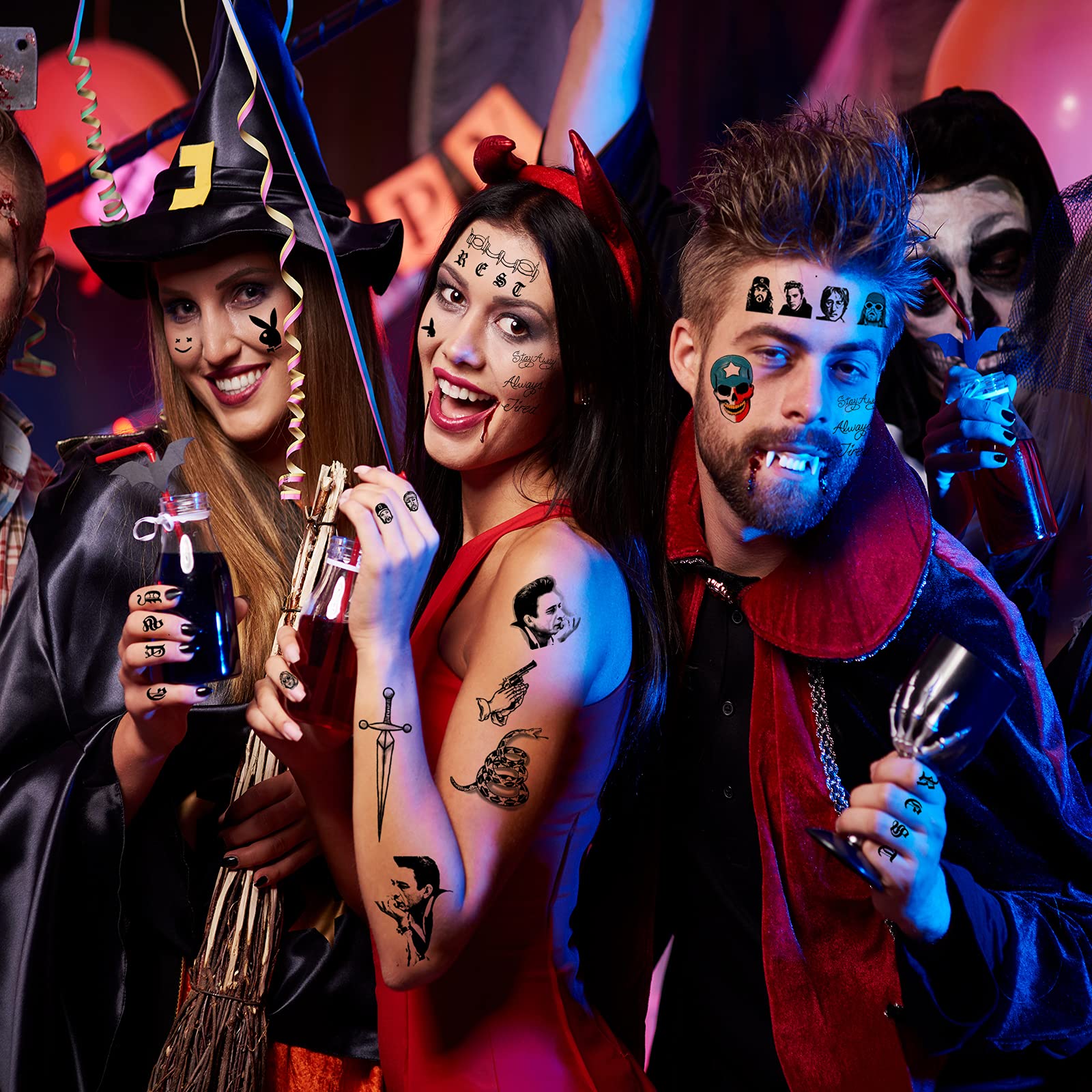 12 Sheet Halloween Temporary Face Tattoos Set - Costume Accessories for Women and Men
