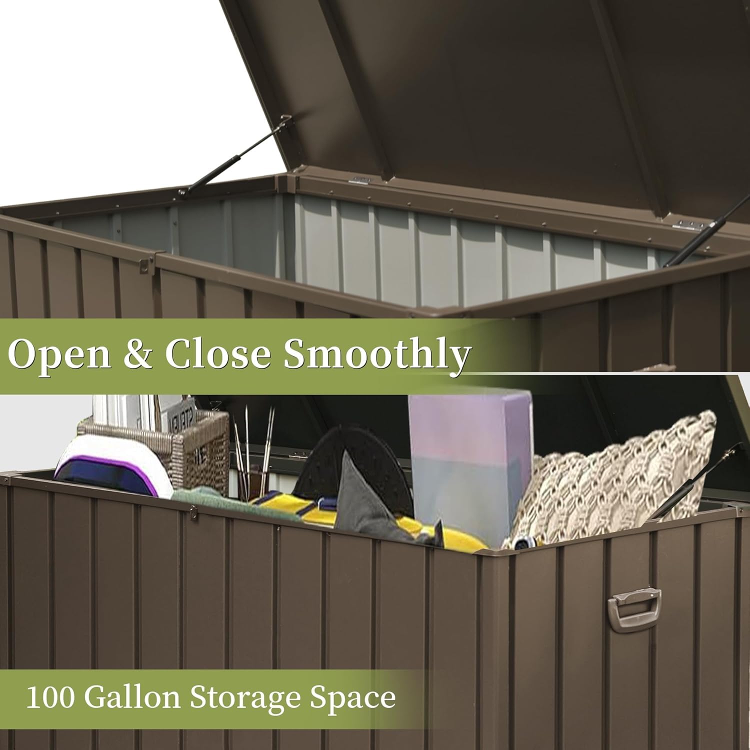 200 Gallon Outdoor Deck Box Lockable Metal Outdoor Storage Container with Side Handle, Waterproof Storage Box with Rolling Castors for Patio Garden Tools, Cushions, Pools Equipment, Dark Brown