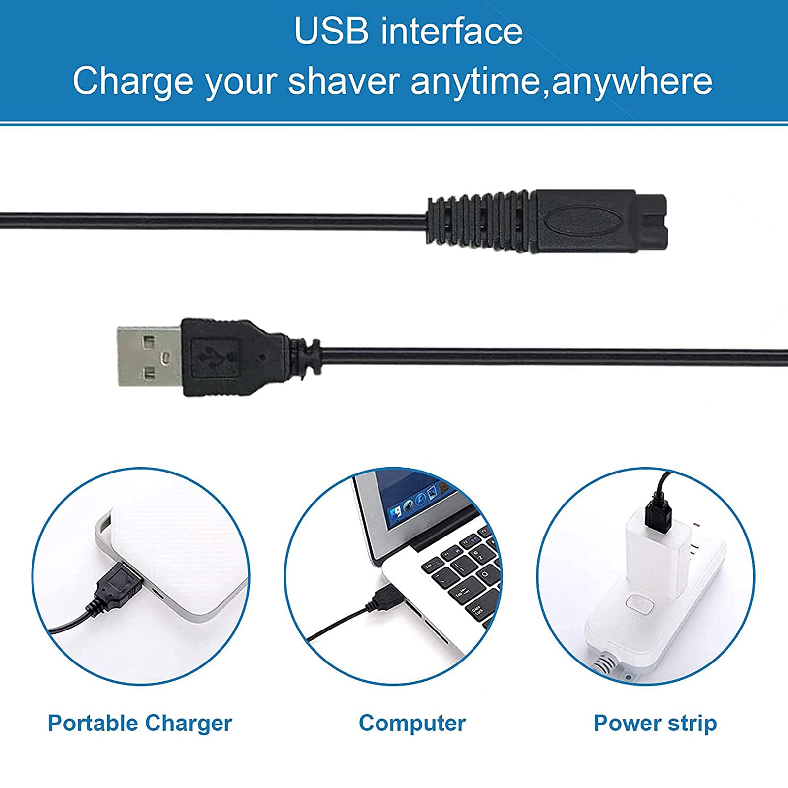 Shave Right USB Cable Compatible with MicroTouch Solo Men's Electric Shaver, 39.4in 5V Replacement Charger Cord