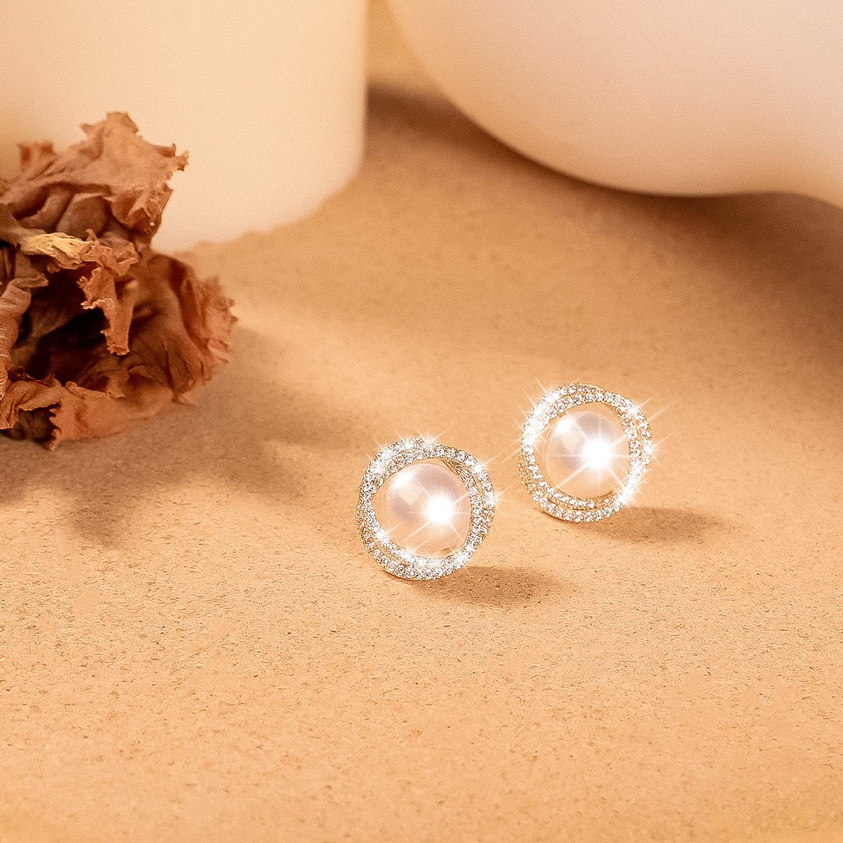 14K Gold Plated Pearl Earrings Studs With Diamonds Women's Cubic Zirconia Stud Earrings 9-12mm Freshwater Cultured Pearl Earring