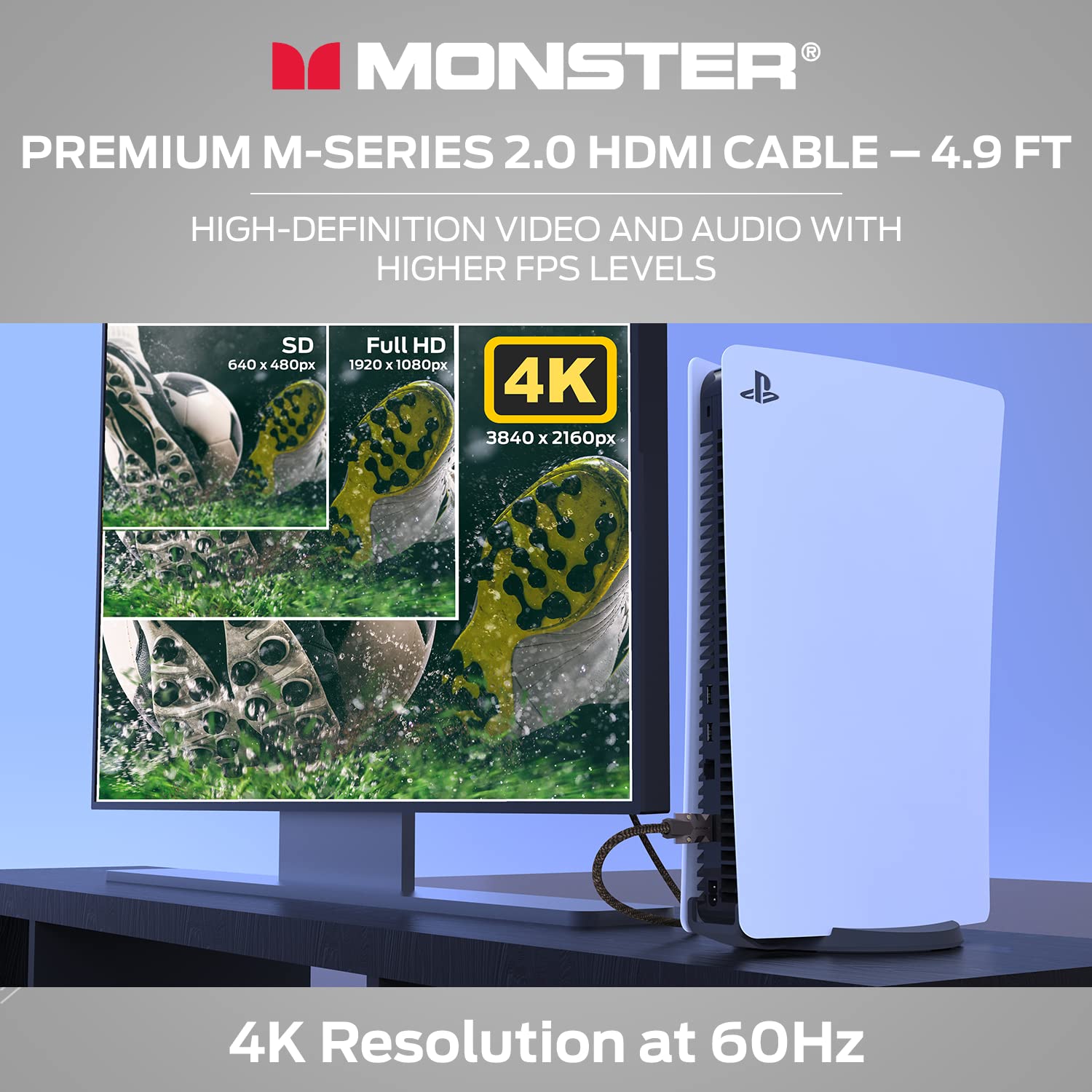 Monster M-Series Certified Premium HDMI Cable 2.0, Features 4K Ultra HD at 60Hz Refresh Rate, Duraflex Jacket, and Triple Layer Shielding, 25 Gbps - 4.9 ft