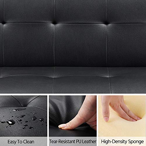 Topeakmart Sectional Sofa Couch Bed Convertible L-Shaped Faux Leather Couch Foldable Futon Sofa Sleeper with Reversible Chaise Lounge for Living Room Black