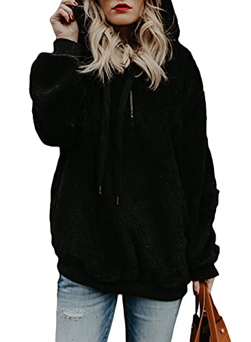 Acelitt Women Winter Zip Fuzzy Sherpa Sweatshirts Long Sleeve Fashion 2023 Oversized Fleece Casual Hoodies Jackets Pullover Sweaters Black Large