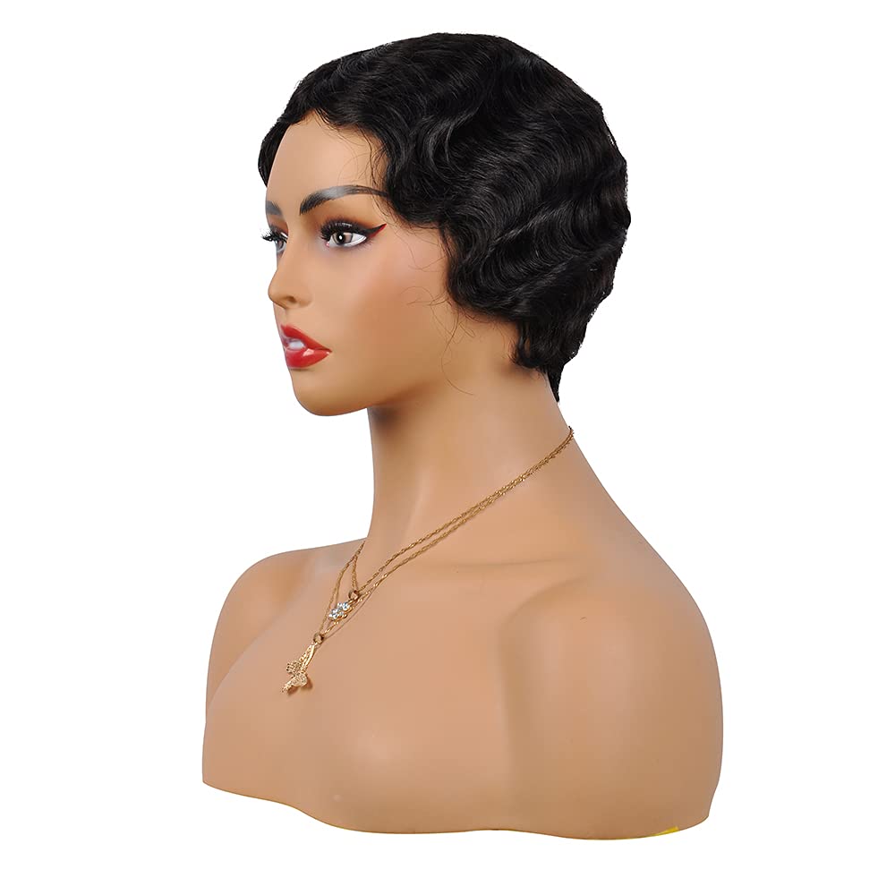 YOLANFAIRY Short Pixie Cut Wigs For Black Women Mommy Brazilian Finger Ocean Wave Remy Human Hair Cheap Wig For Party(Black 1B#)