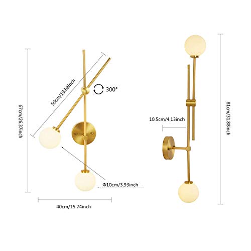 BAODEN Modern 2 Lights Globe Wall Sconce Industrial Wall Lamp with G4 Bulb Mid Century Rotatable Light Fixture Brushed Brass Finished with White Globe Glass Lampshade (Gold Color)