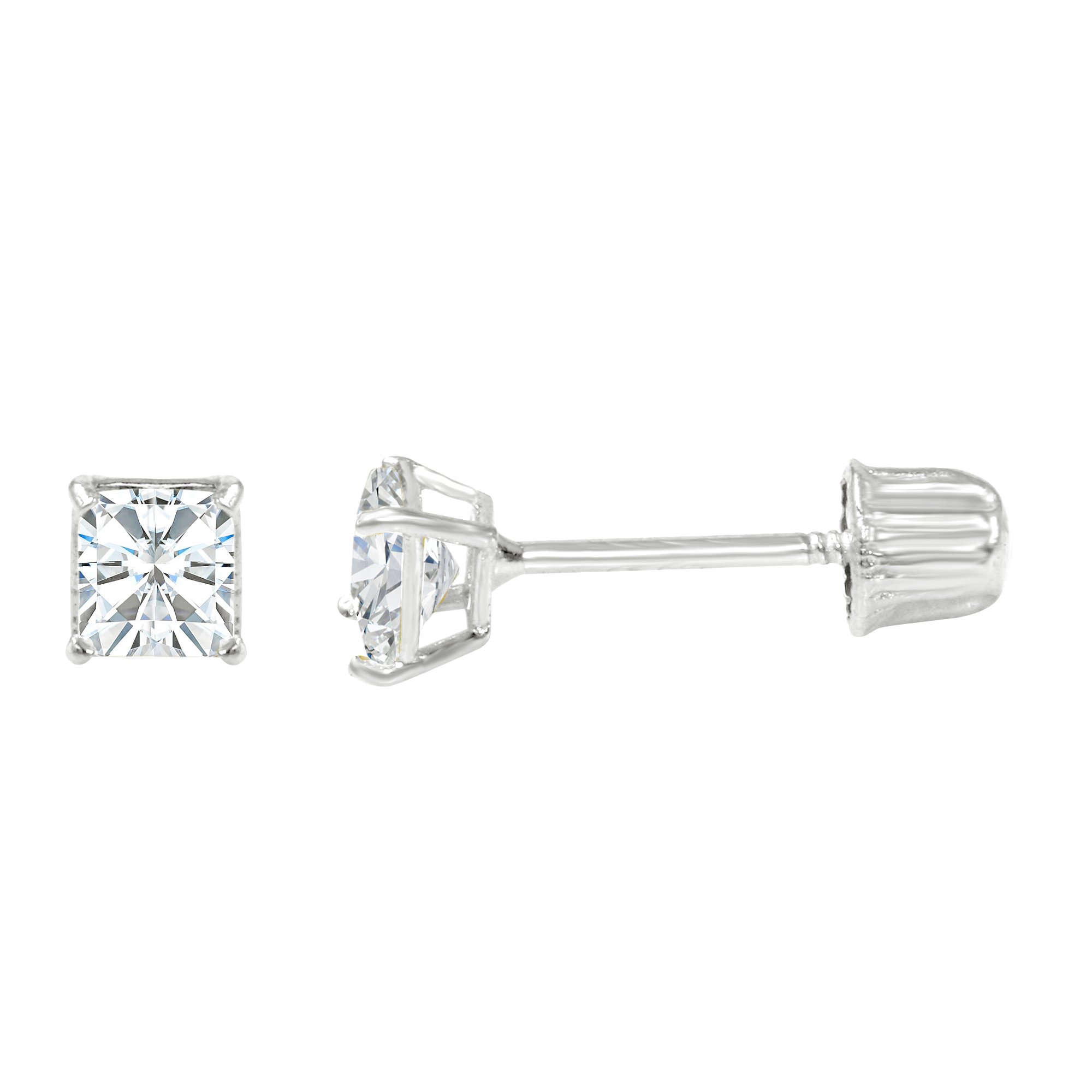 14K Gold Square Solitaire Princess Cut Cubic Zirconia CZ Stud Earrings with Screw Backs in Yellow OR White (0.1-1.75 carats)