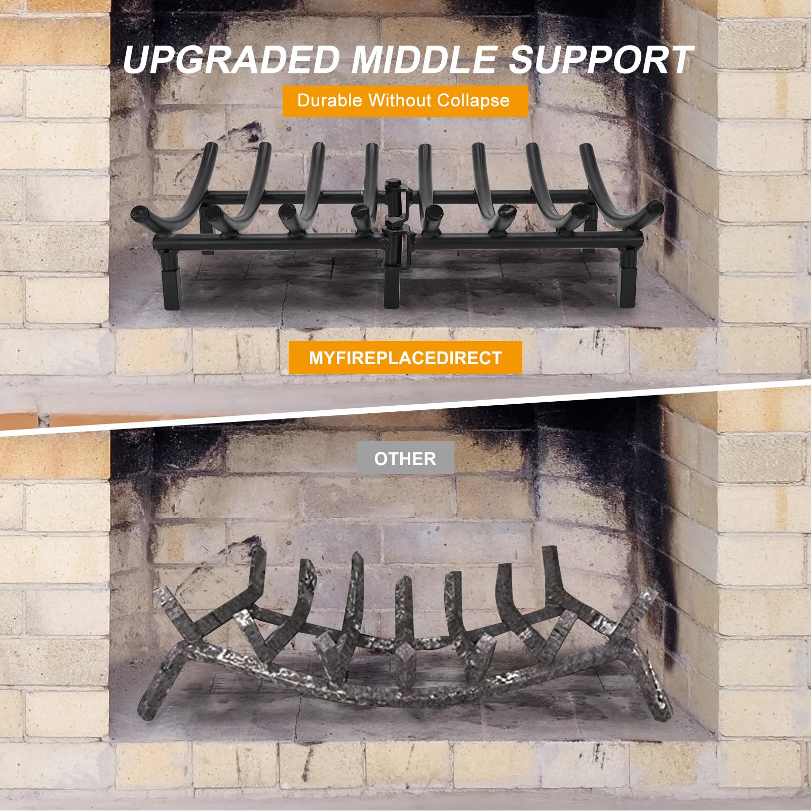 17" Fireplace Grate with Solid Round Steel 3/4" Bar, Heavy Duty Wood Stove Log Holder Rack Grates Easy Assembly Wrought Iron Indoor Outdoor Chimney Hearth Wood Burning Fireplace Accessories Tools