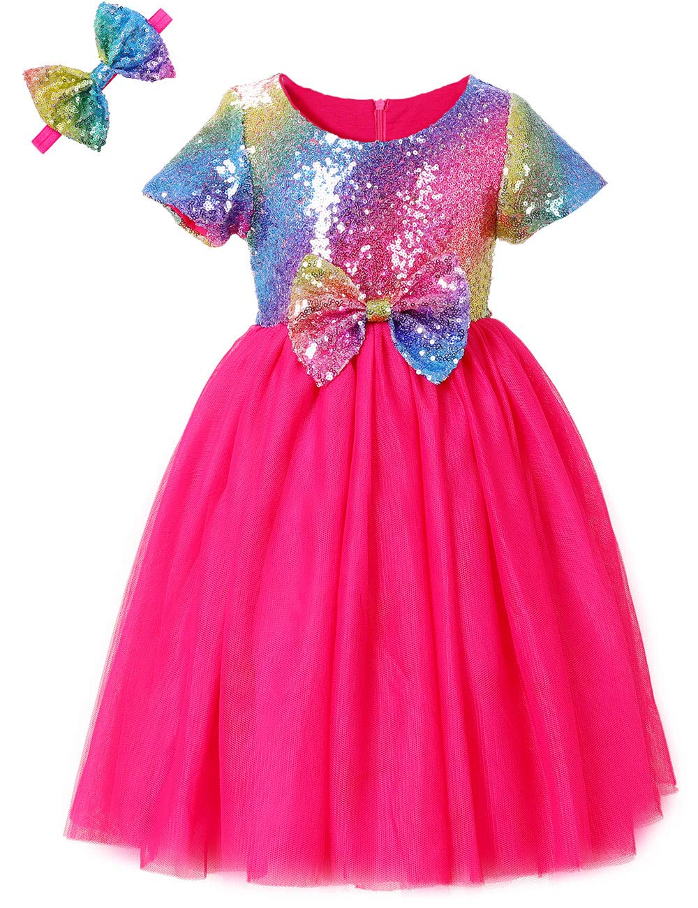 Cilucu Flower Girls Dresses Toddlers Sequin Tutu Dress for Big Girls Pegeant Party Kids Birthday Dress for Wedding Princess Dress Christmas Halloween Dress Rainbow Hot Pink 7-8 Years Old