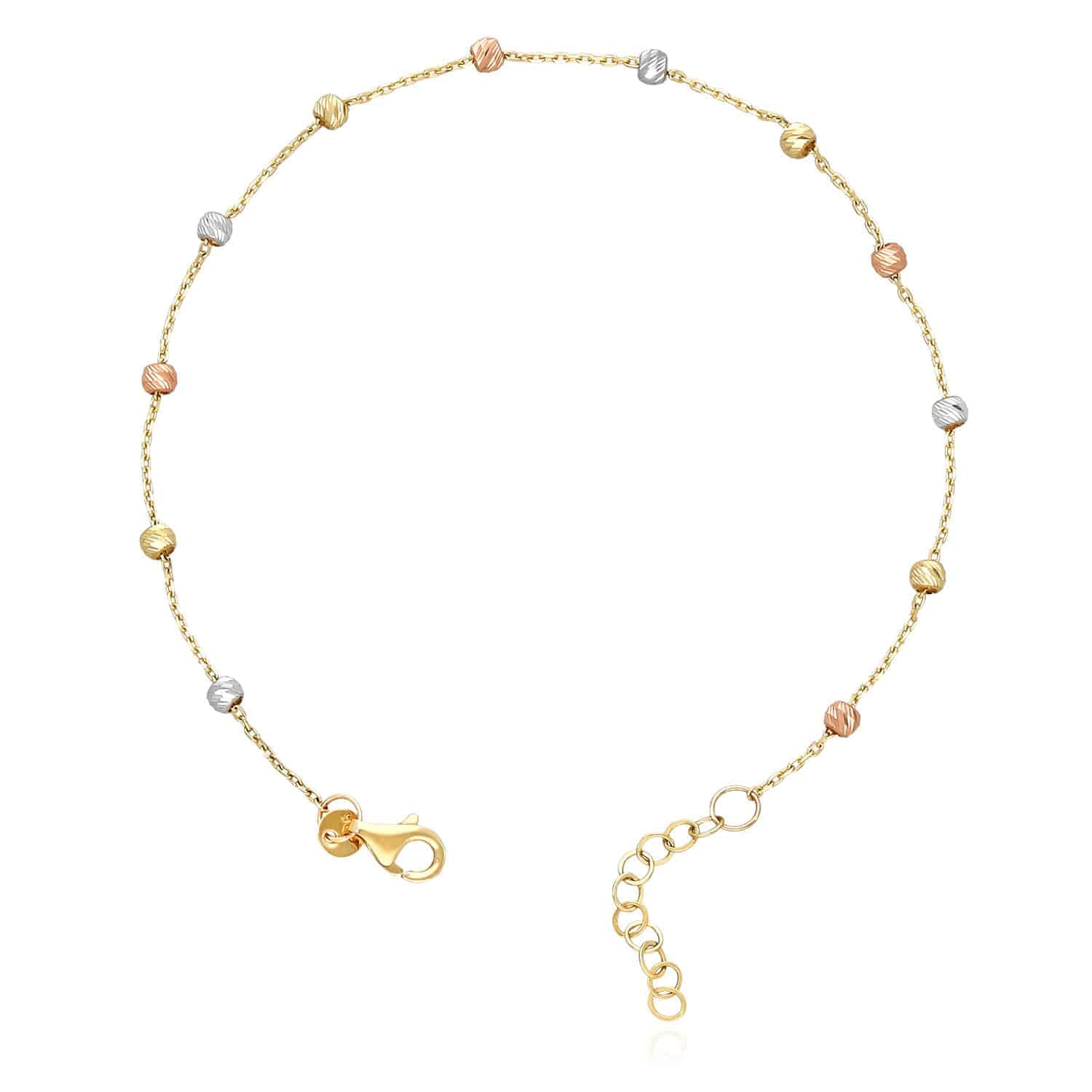 14K Gold Tri-Color Moon-Cut Ball Beads Station Bracelet 7.5"-8.5" Adjustable