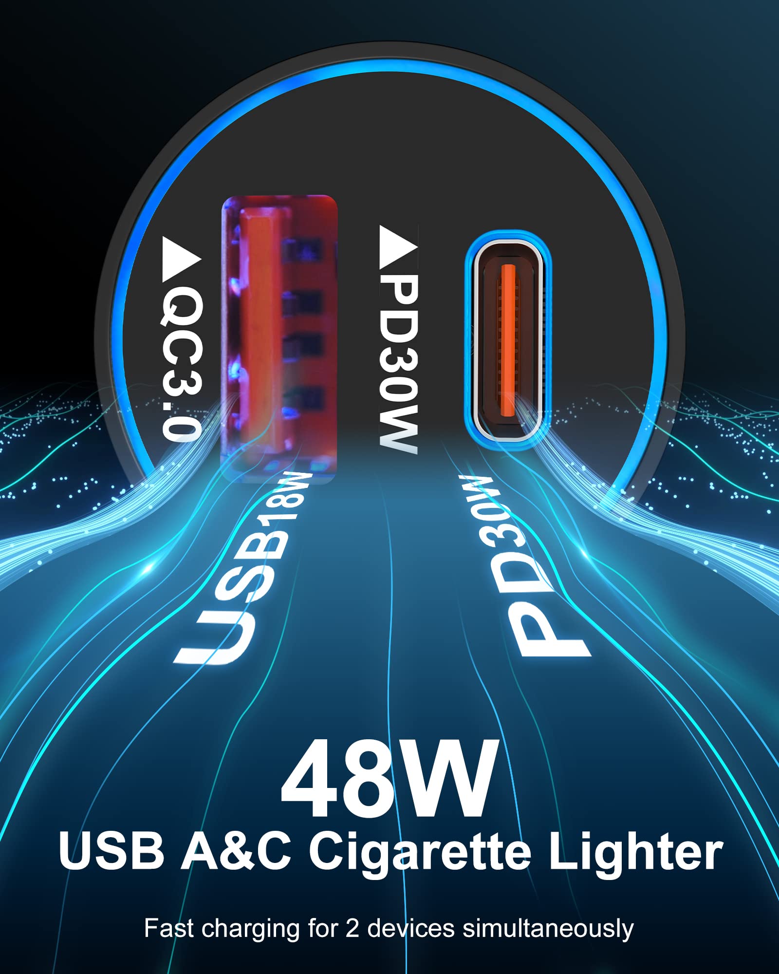 12 Volt USB Outlet, 30w+18w Dual Port USB C Car Charger, Super Fast Charging Cigarette Lighter Adapter Usbc Cargador Carro Auto Plug Phone Car Charger for Android Samsung Galaxy, Google, Apple iPhone