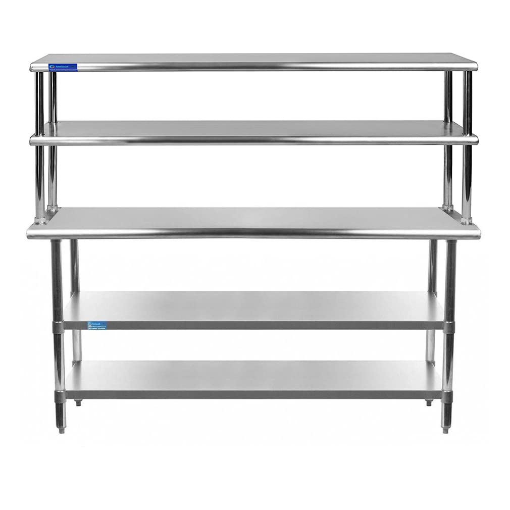 24" x 60" Stainless Steel Work Table with Two Shelves and 12" Wide Double Tier Overshelf | Metal Kitchen Prep Table & Shelving Combo