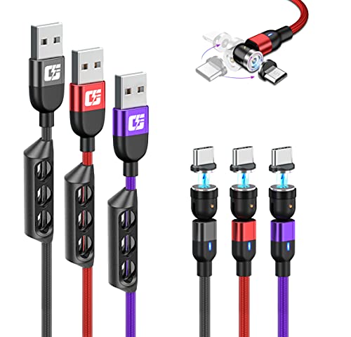CinchForce 540 Degree Magnetic 3-in-1 Data/Charging Cable with Magnetic Adapters and Storage Compartment, Compatible with Type-C, iProduct, Micro-USB, Updated for 2020-3 Pack (6.6ft/3.3ft/1.6ft)