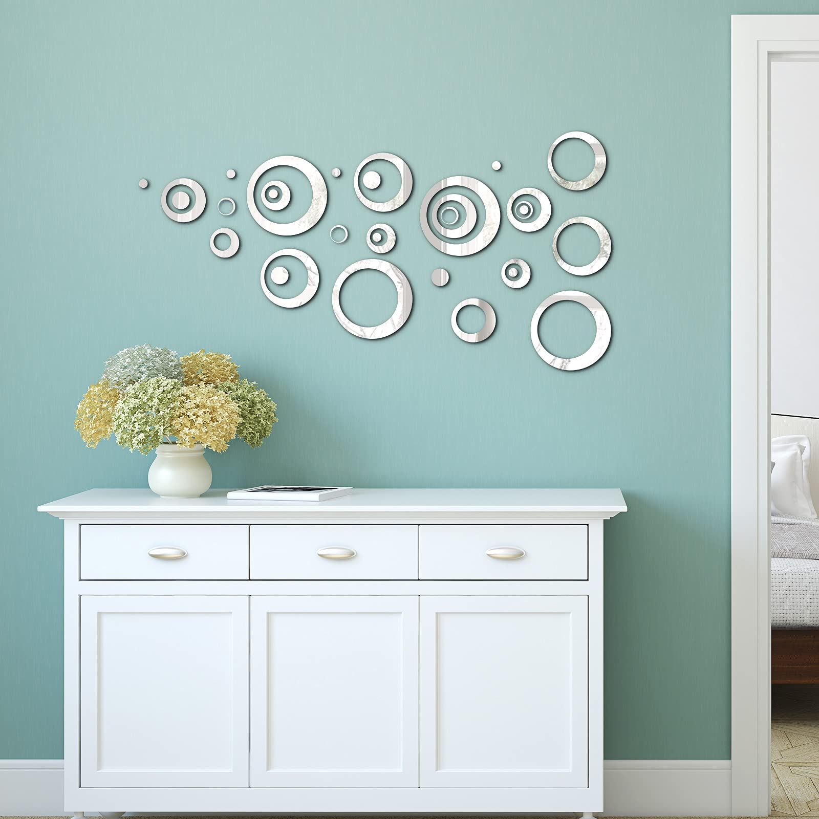 32 Pieces Removable Circle Wall Mirror Sticker Round Decal Acrylic Setting for Home Living Room Bedroom Decor, 1.5-13.5 cm(Silver)