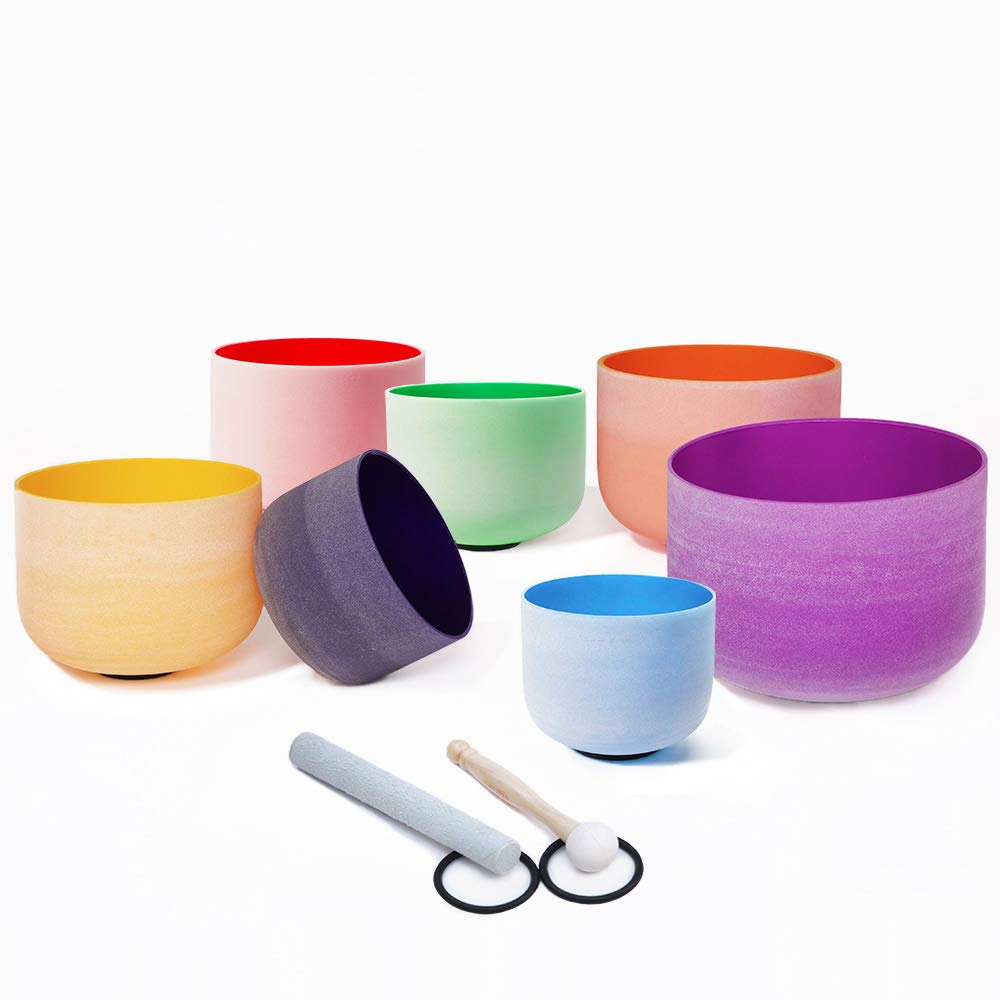 440 HZ Set of 7 Pieces of Color Frosted Quartz Crystal Singing Bowls 6"-12" + mallets & O-rings