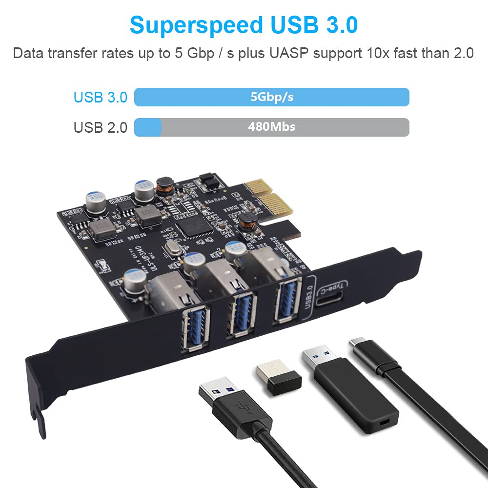 PCI-E to USB 3.0 4 Ports(1 X USB-C - 3 X USB-A) Expansion Card, PCI Express USB Add in Expansion Card, Internal USB3 Hub for Desktop PC Host Card Support Windows 10/8/7/XP and MAC OS 10.8.2 Above