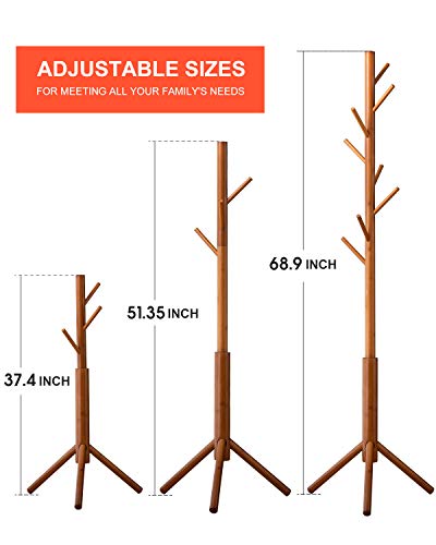 BMOSU Bamboo Coat Rack Freestanding Stand Tree Adjustable Coat with 3 Sections 8 Hooks Easy to Assemble Standing Coat Jackets Hanger for Bedroom Office Hallway Entryway Brown