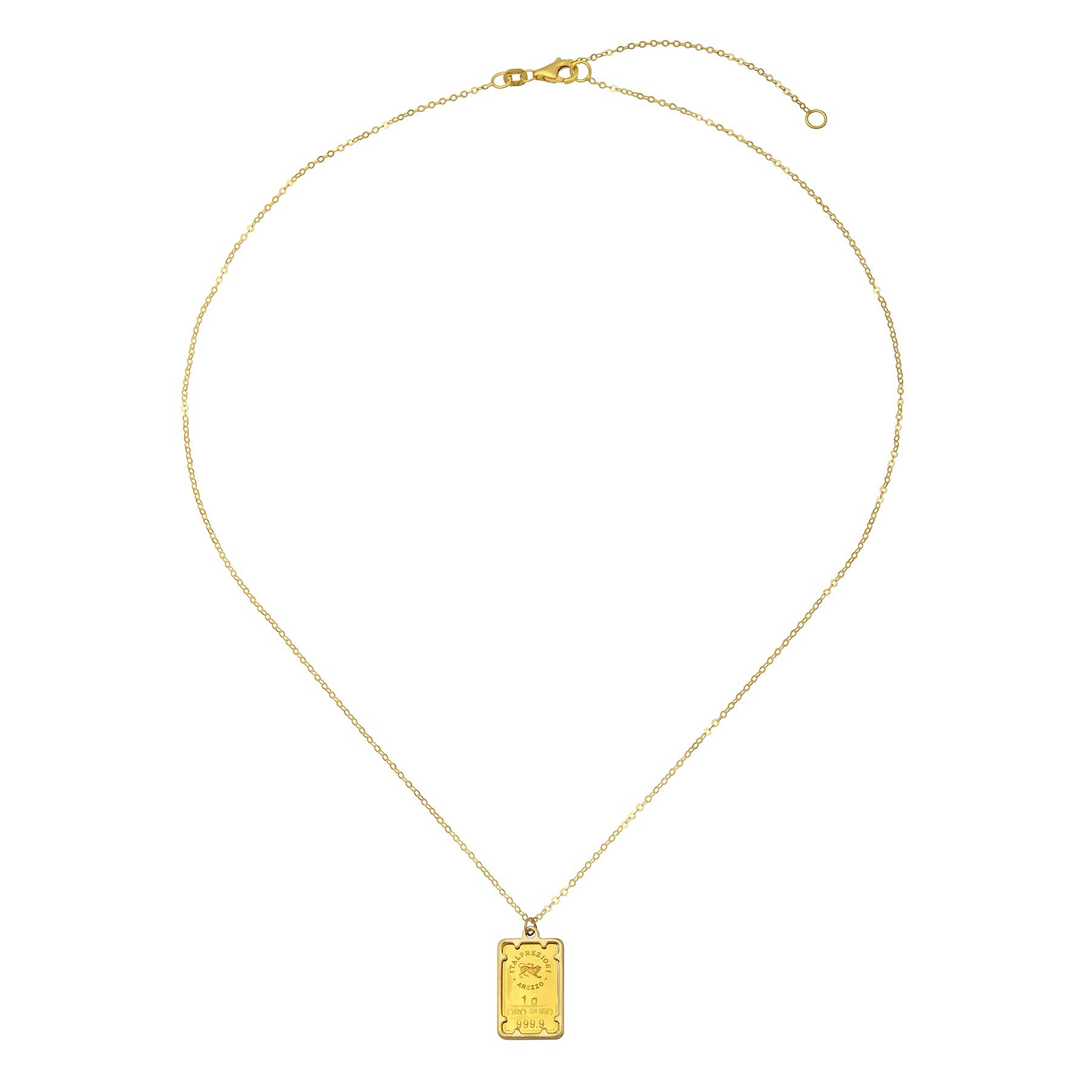 14k Italian Yellow Gold Ingot Pendant Necklace with 1 Gram of 24k Solid Plate, Adjustable 16β or 18β