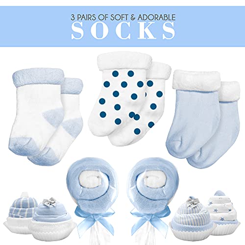 Peek A Baby Gift Blue Baby Boys Onesies Cupcake Gift Set – Baby Shower Cupcake and Lollipop Gift Set | Newborn Bodysuits Onesies Gift Set, 7 Piece Set