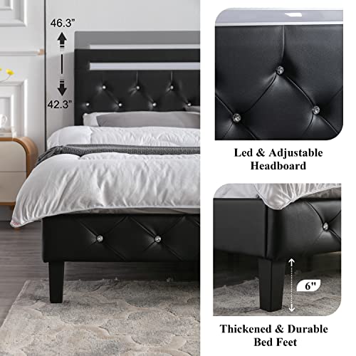 Benevika Queen Size Bed Frame with LED Light Leather Platform Bed Frame with Adjustable Upholstered Headboard, Over 60000 Colors, APP Control LED Lights, No Box Spring Needed, Black