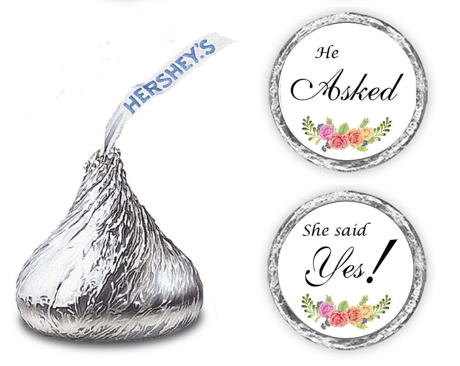 324 Floral Roses He Asked She Said Yes!, Kisses Wedding Stickers, Chocolate Drops Labels Stickers for Weddings, Bridal Shower Engagement Party Decorations, Favors for Kisses