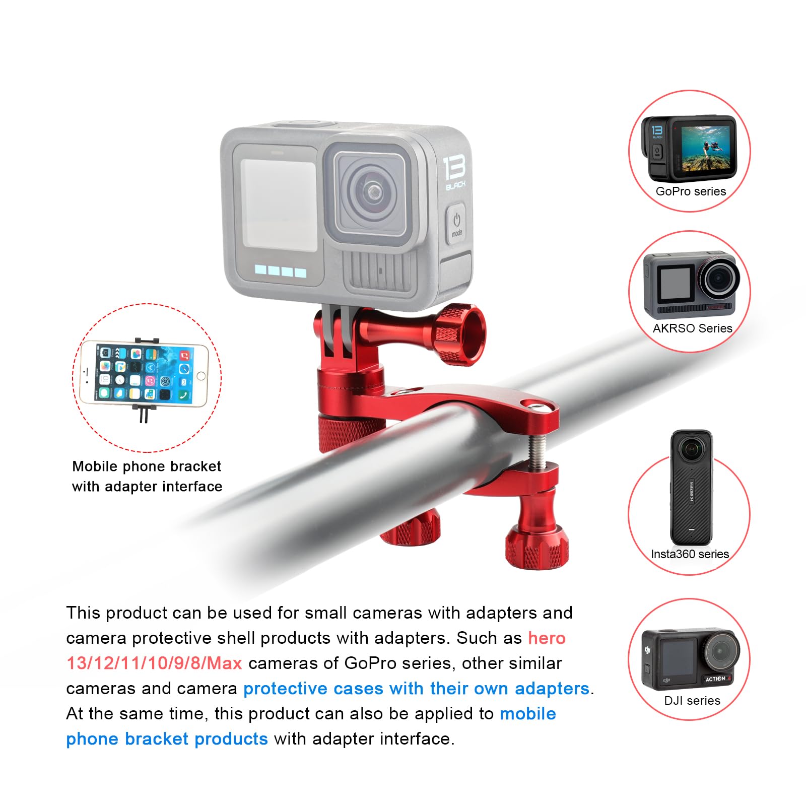 Forevercam Bike Handlebar Mount for Gopro Hero 13/12/11/10/9/8/Insta360/AKASO/DJI Osmo Aluminum Bike/Motorcycle Mount 360°Rotation and Lock Any Direction(Red)