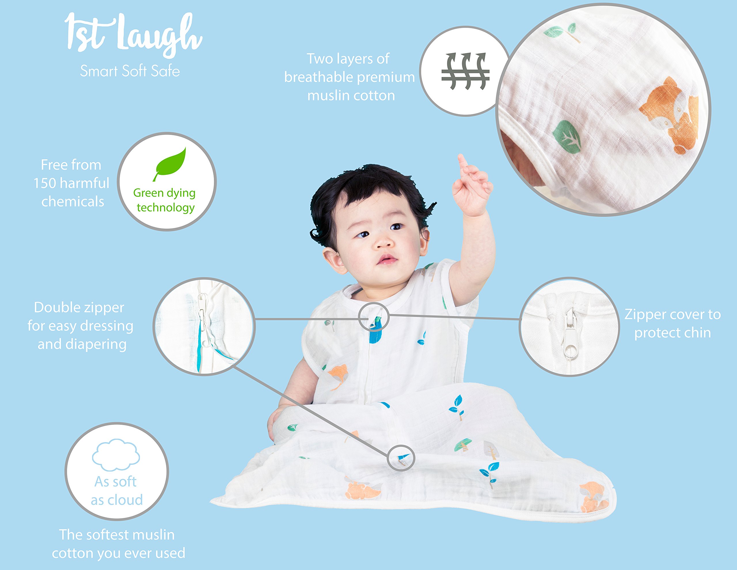 1st Laugh 100% Cotton Muslin Baby Sleeping Sack Bag, for Boy and Girl (Deer, Large)