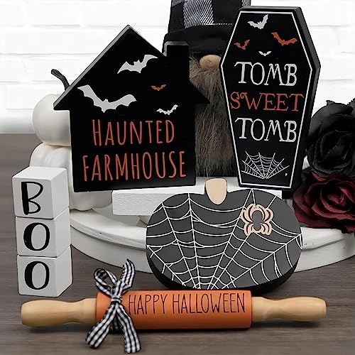 5Pcs Halloween Tiered Tray Decor Set Happy Halloween Boo Wooden Signs Cute Tomb Haunted House Rolling Pins Spiderweb Halloween Decor
