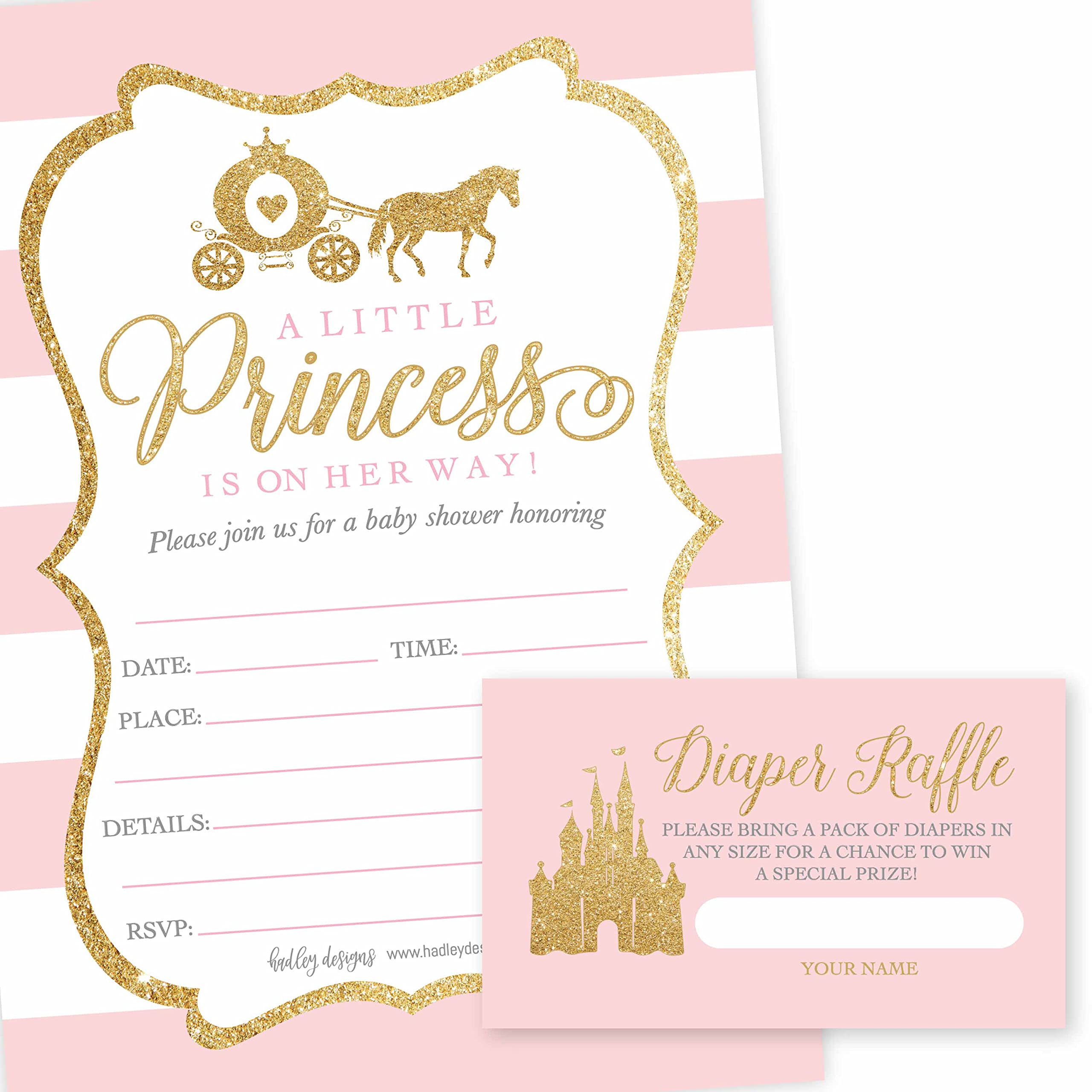 Hadley Designs 25 Little Princess Baby Shower Invitations, 25 Diaper Raffle Tickets for Baby Girl, Pink & Gold Fill or Write in Card, Diaper Raffle Cards