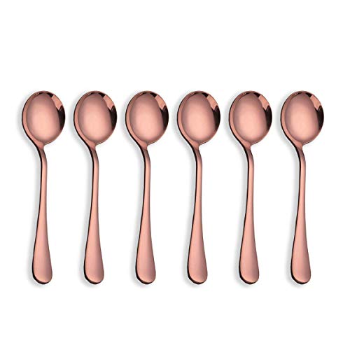 Berglander Rose Gold Plated 18/0 Stainless Steel Soup Spoons, Stainless Steel Round Spoons, Pack of 6