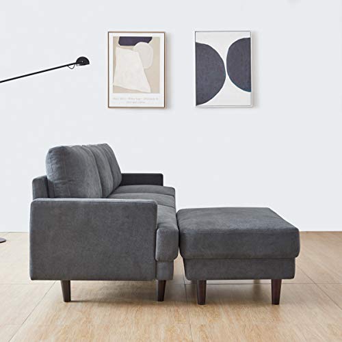 JULYFOX Dark Gray Fabric Sofa with Convertible Ottoman, L-Shaped 3-seat Corner Couch with Reversible Chaise Lounger Polyester Fabric for Living Room Office Club Small Spaces