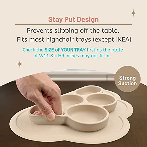 RAiN.B. CloudieMate Silicone Suction Plate with Built-in Placemat for Babies & Toddlers, Microwave Dishwasher Safe, Non-Slip Divided Plate with 4 Sections, BPA Free Food Grade Silicone /Glacier Blue