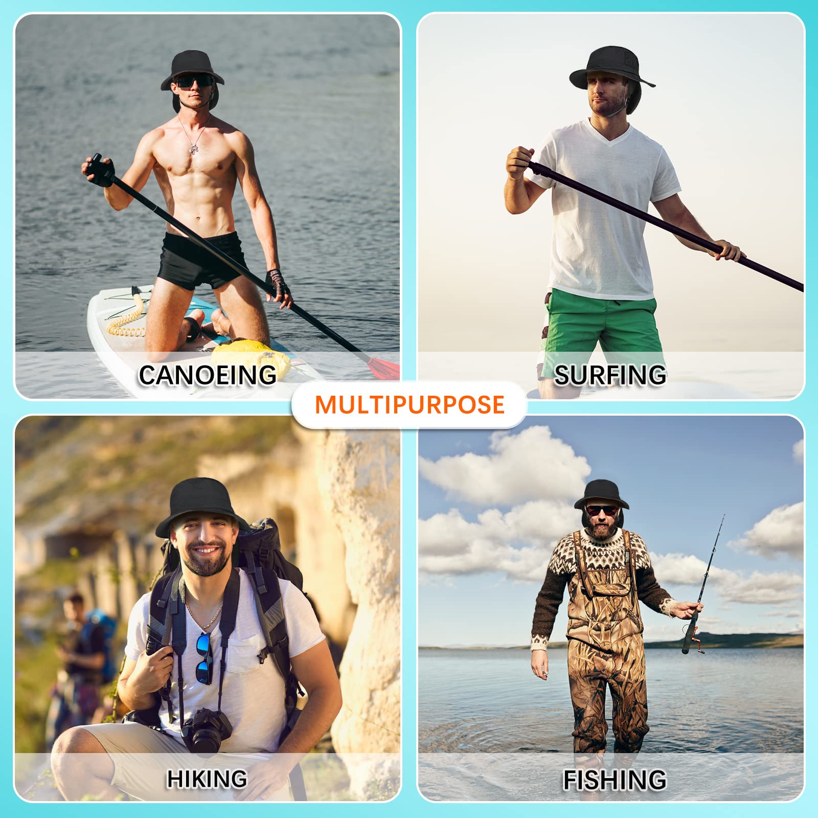 2 Pieces Sun Protection Cap for Men Sun Protection Cap with Neck Flap Chin Straps Brim for Fishing Hat (Elegant Style) Black