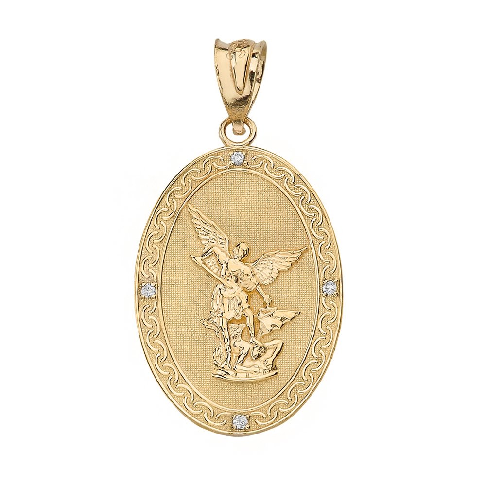 10K Yellow Gold Diamond Accented 1β Oval Saint Michael The Archangel Medal Pendant (G-H Color, SI1-SI2 Clarity)