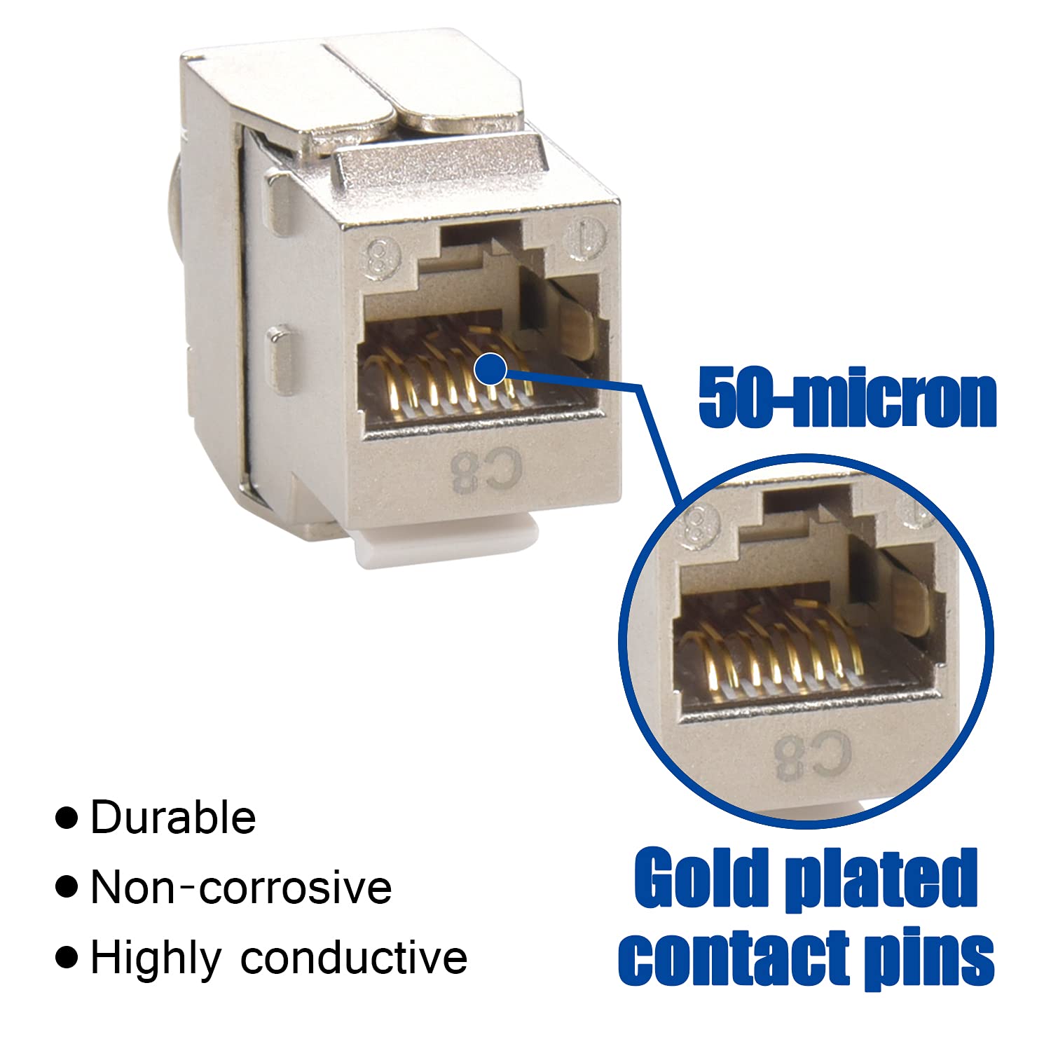 Beszin Cat.8 RJ45 Tool Less Shielded Keystone Jack, Ethernet Cable Jack, 22AWG-24AWG, 40Gbps, 2000MHz, 2GHz, Easy Termination, Tool Free (2-Pack)