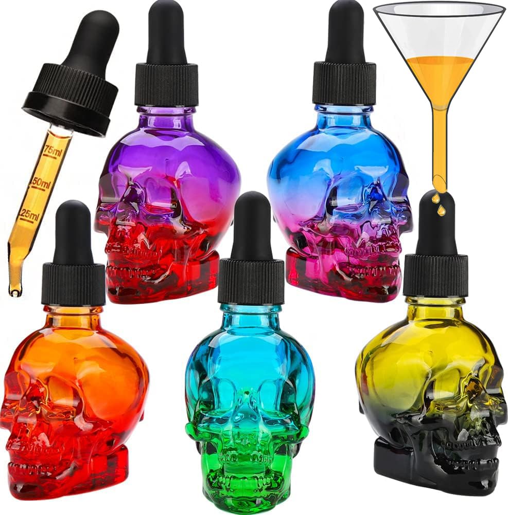 5PCS 1oz Skull Glass Dropper Bottles Refillable Bottles liquid bottling Dispensing bottle with Eye Dropper Pipettes for Essential Oils/Beauty Oil Mix, Aromatherapy Blends(5, 30ml)