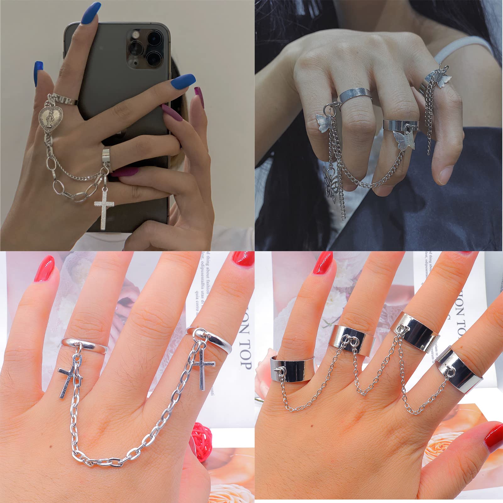 17Pcs Adjustable Punk Chain Rings Set, Vintage Knuckle Gothic Rings Set Alloy Biker Obsidian Chain Open Rings, Stackable Hollow Carved Finger Rings Midi Rings Joint Jewelry for Women (Silver)