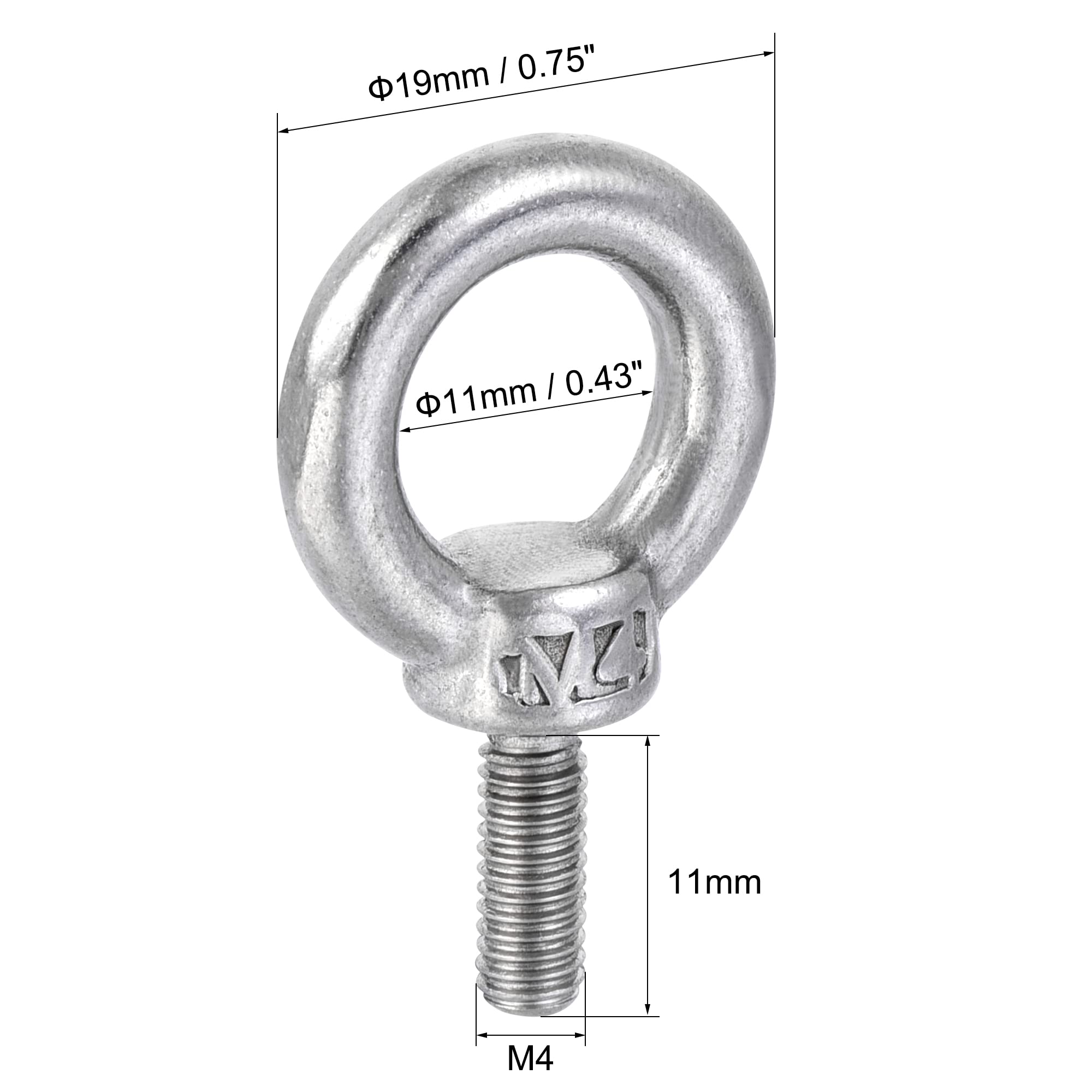 uxcell Lifting Eye Bolt M4 x 11mm Male Thread with Hex Screw Nut for Hanging Securing Chain Wire Rope, 304 Stainless Steel, 6 Sets