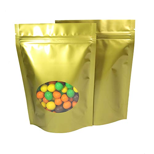Double-Sided Matte/Glossy Color with Clear Round Window Stand-Up Pouch (6.3" x 8.7", Glossy Gold | 100 Bags)
