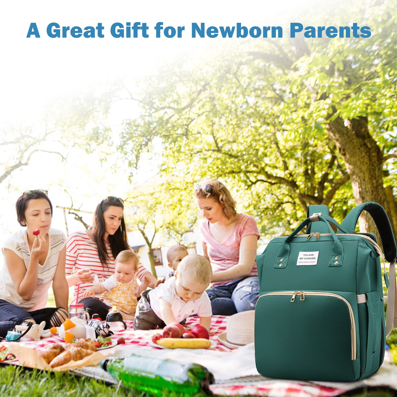 Jeryswet Diaper Bag with Changing Station, Baby Bag, Diaper Bag Backpack, Baby Bag with Built-in USB Charging Port and Stroller Straps Large Capacity Waterproof, Green