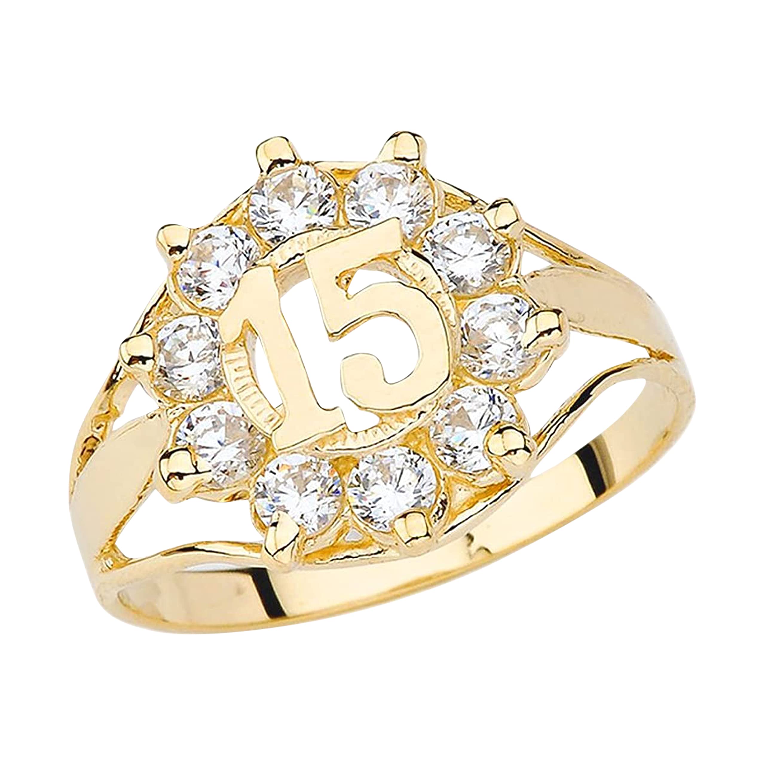 10k Yellow Gold Round Cubic Zirconia Openword Quinceanera "15" Fashion Ring - Size 8