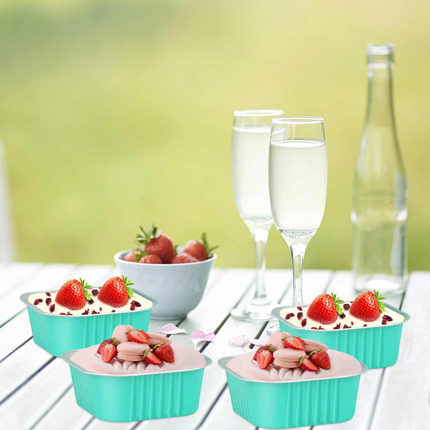 10oz Aluminum Brownie Pans 40 Pack,LNYZQUS Square 4βX4β Disposable Ramekins Cupcake Liners With Lids,Mini Cake Baking Pans,Large Muffin Tin Holders For Catering Gathering-Cyan Blue