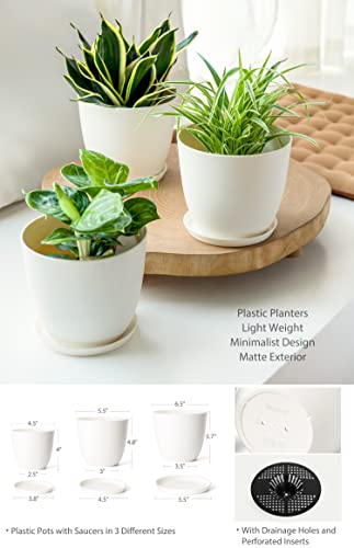 Mkono 3 Pack Macrame Plant Hangers with Pots, 35"/29"/23" Indoor Different Size Hanging Planter Basket Flower Pot Holder with Saucers & Hooks No Tassels (Plastic Flower Pots Included), Medium, Ivory
