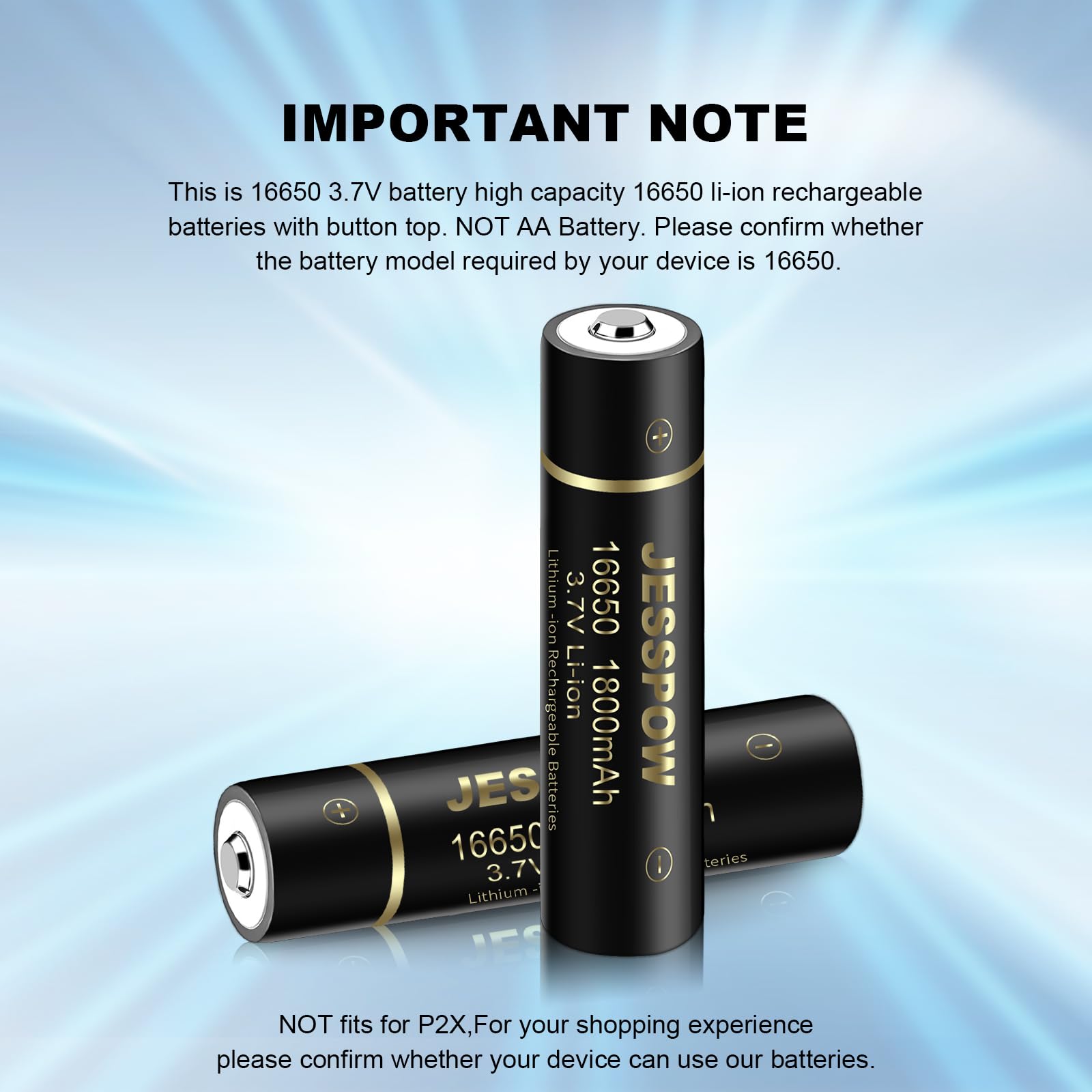 JESSPOW 16650 Rechargeable Battery, 16650 Battery 1800mAh 3.7V Li-ion Rechargeable Battery with Button Top for Flashlights Torches - 2 Pack