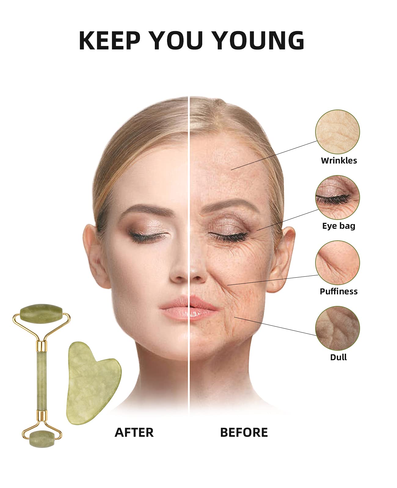 ideayard Face Roller and Gua Sha Set - Jade Roller Anti Aging Massager Tool - Natural Jade Roller for Face and GuaSha Stone for Body - Beauty Roller Skin Care Tools Kit for Slimming & Firming(Green)