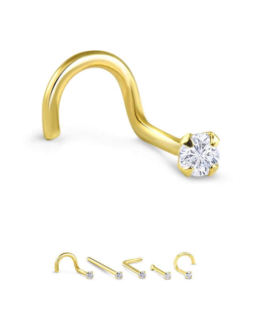 14k Yellow Gold L Bend Nose Stud Ring 2.5mm Clear Round CZ 20G