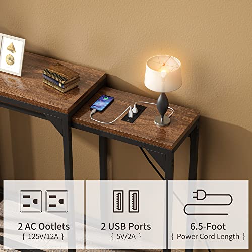 AISUNDY Console Table with Power Outlet & USB Ports, 63 Inch Narrow Long Sofa Table Set, Rustic Entryway Table Behind Sofa Couch, Industrial Vintage Hallway Table Nesting Side Table, Set of 2