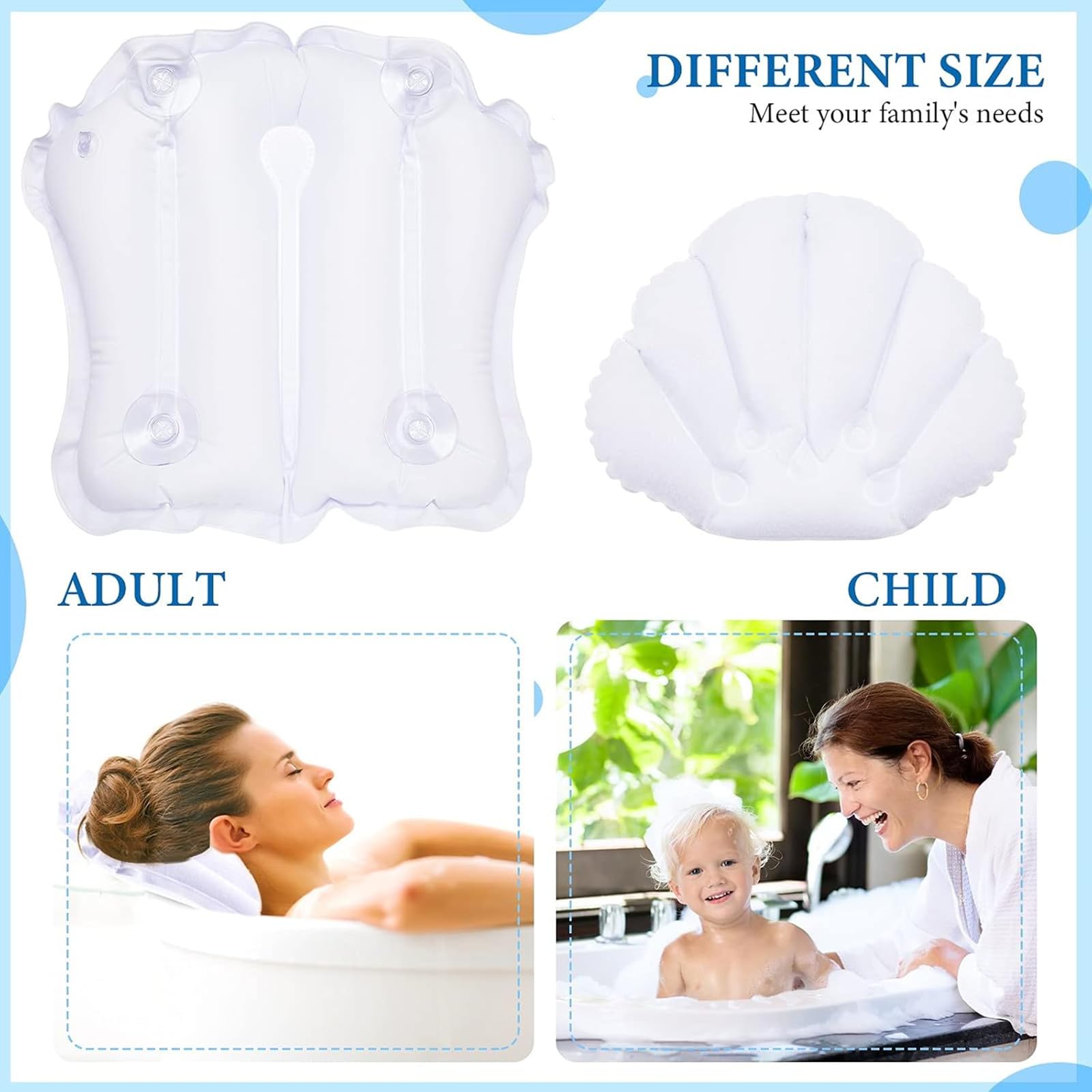 Jetec 2 Pcs White Inflatable Bath Pillow with Suction Cup Bathtub Spa Pillow Neck Support Supplies Shell-Shaped Soft Inflatable Cushion Large Small Size Fits All Tub Pool Bath and Bathroom 