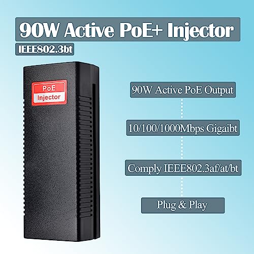 Revotech Gigabit 90W PoE++ Injector 54-56V Adapter, 10/100/1000Base-T IEEE 802.3bt PoE Standard Active POE+, Plug and Play for Wireless Access Points/PTZ/Videophones